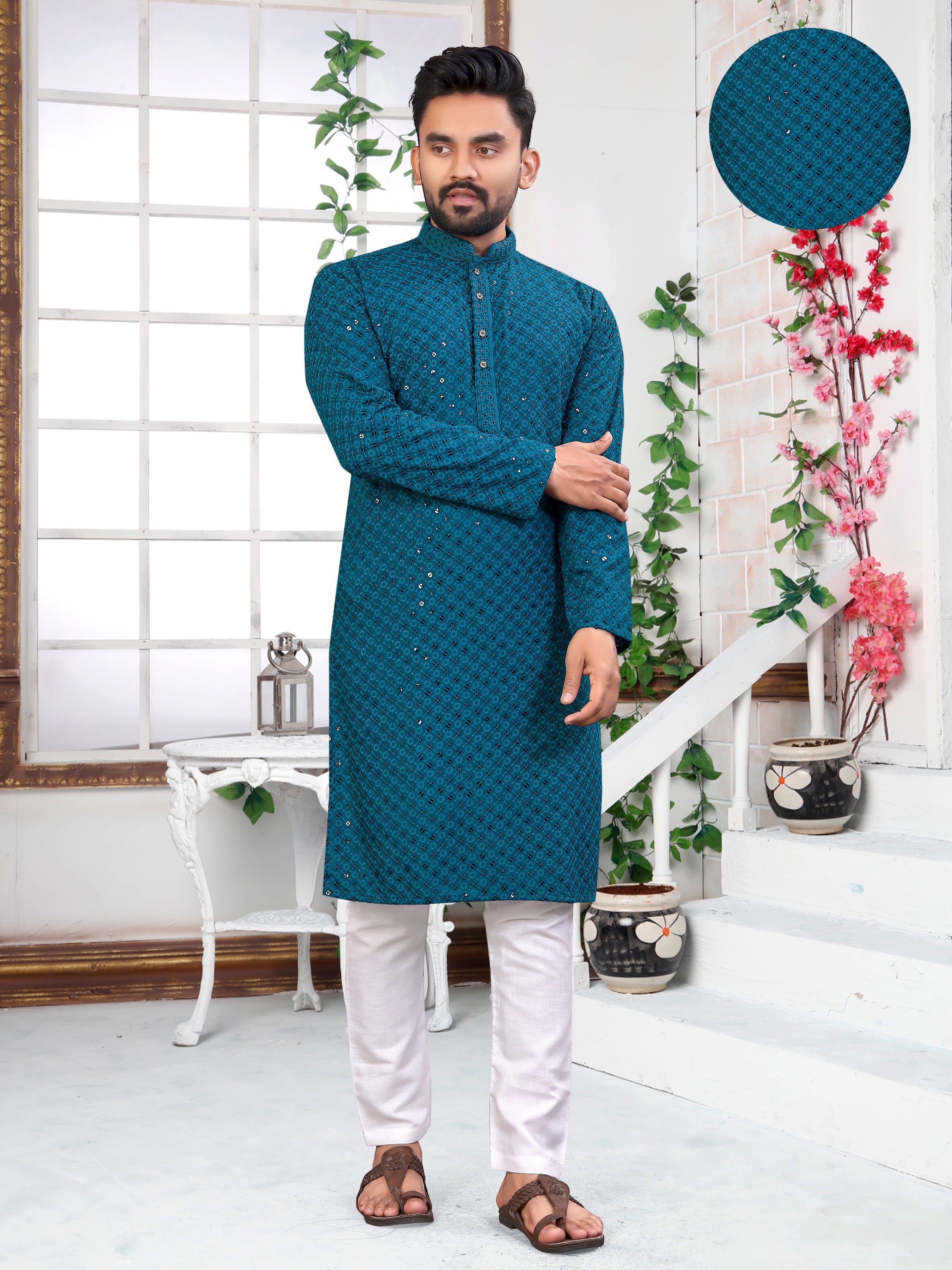Teal Sequence with Embroidery Men’s Kurta Set